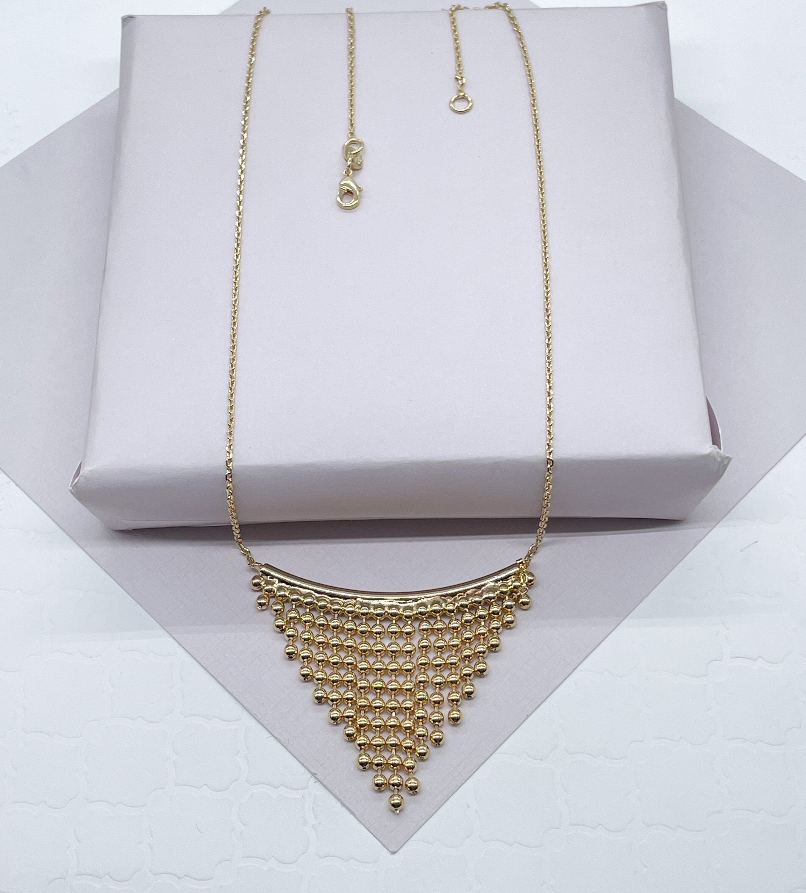18K Gold Layered Boho Chain Necklace Fringe Dangling Beads Mesh Inverted Gold Gold